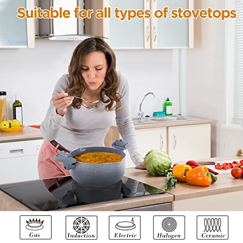 ROSSETTO Multipurpose Pasta Pot with Strainer Lid, 5 Quart Aluminum Stock Pot Spaghetti Pot, Ceramic Coating, PFOA free, Tempered Glass Lid and Twist-Lock Handle Dishwasher Safe, Blue