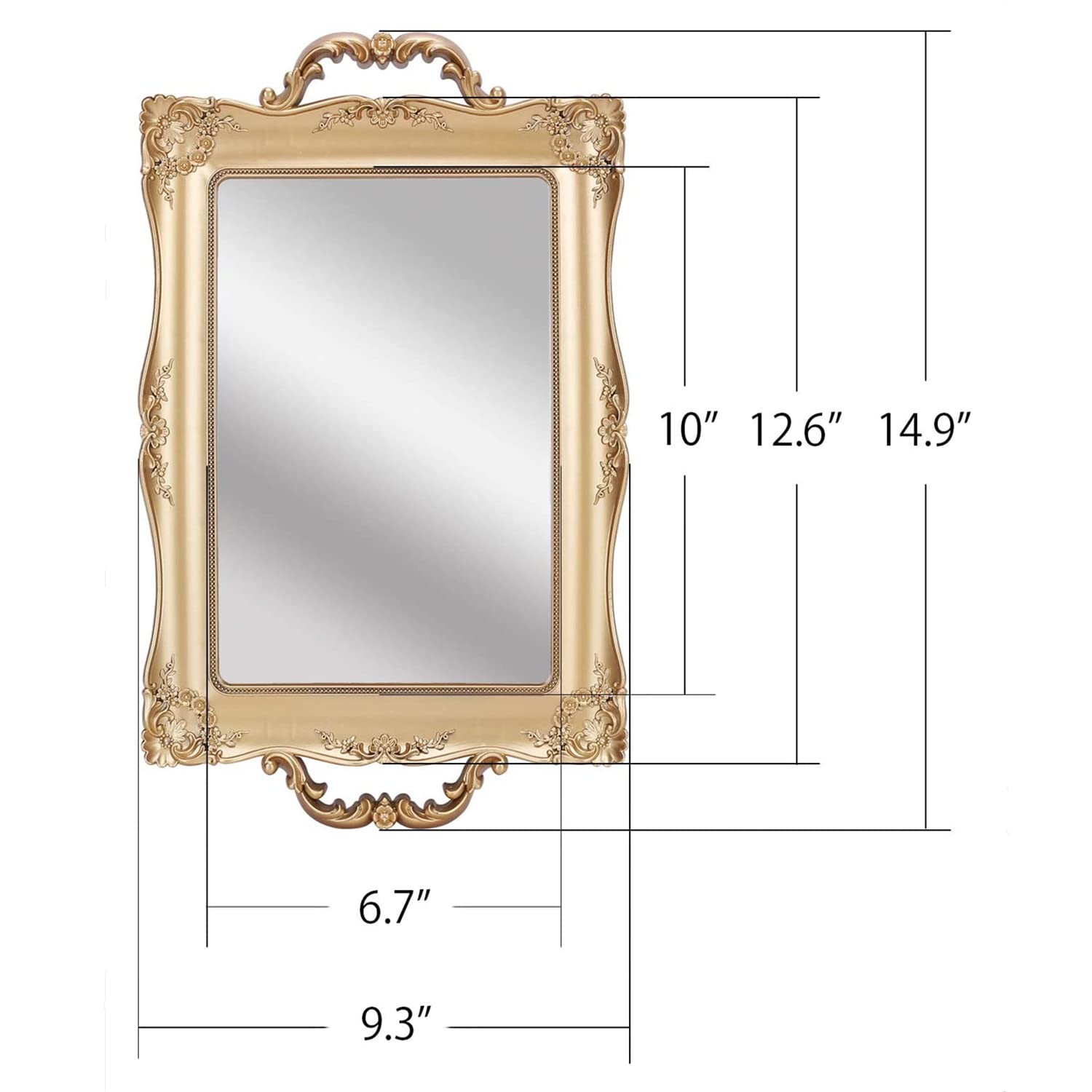 Hamphinee Rectangle Antique Decorative Mirror Tray, Perfume Organizer, Jewelry Dresser Organizer Tray & Display, Makeup Organizer Vanity Tray, Serving Tray, 9.3"x14.9", Gold