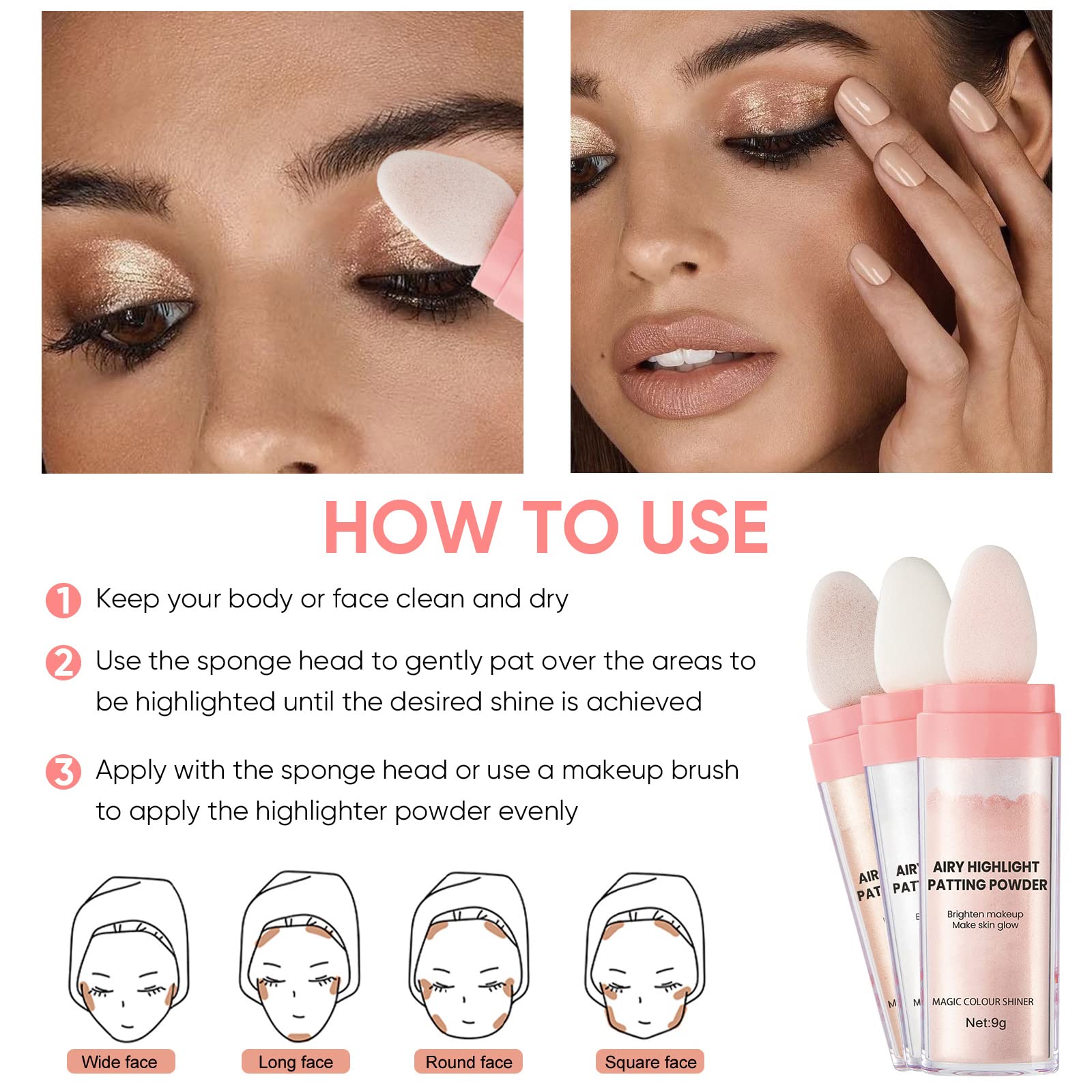 Highlighter Makeup Powder, Face and Body Highlight Patting Powder, Makeup Tool for Body Brightens Three-Dimensional Face Powder Makeup, 3Color