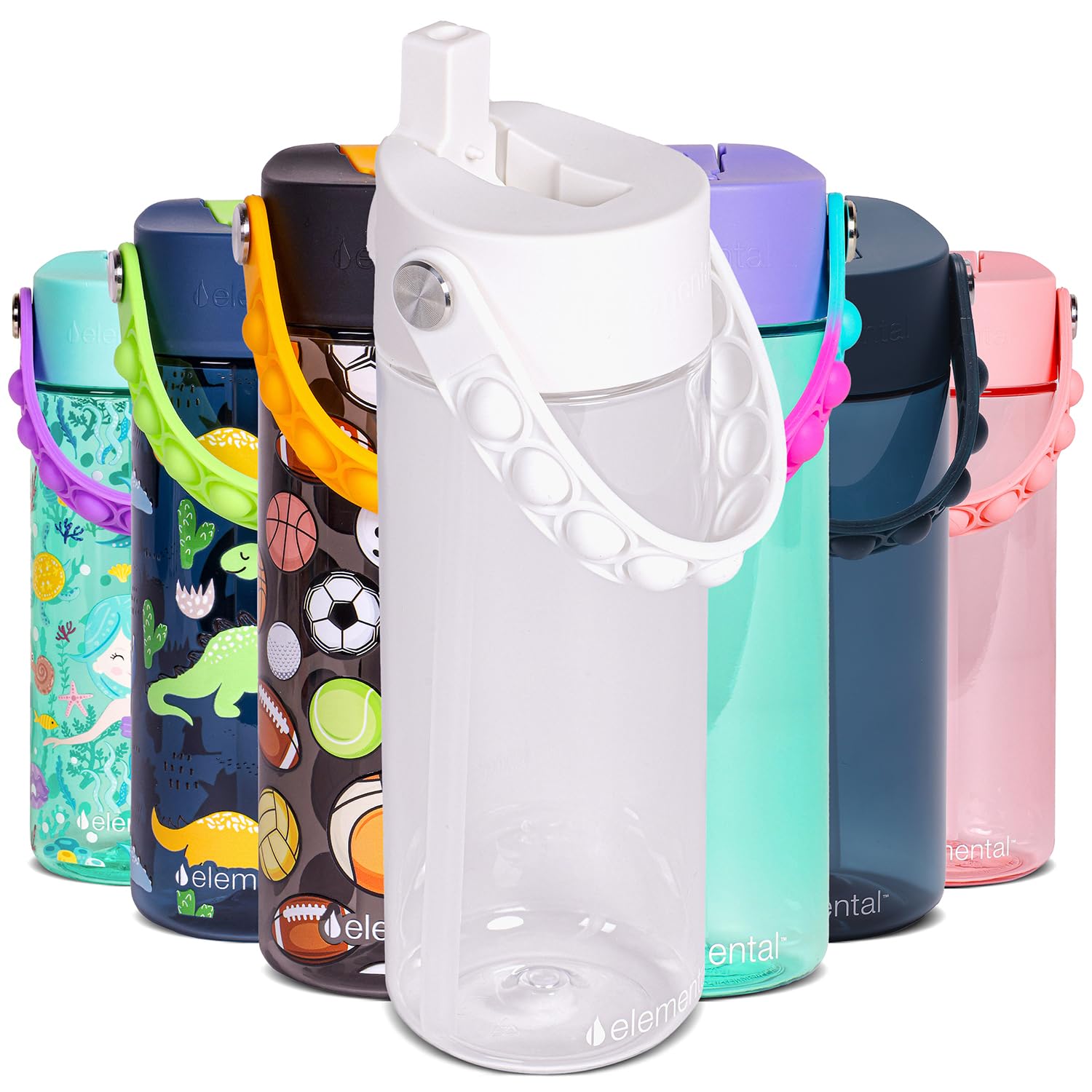 Elemental Leak Proof Water Bottles for Kids - Splash Kids Water Bottle for School with Fun Fidget Pop-it Handle - BPA Free Tritan Plastic Reusable Water Bottle with Straw - Clear - 18oz