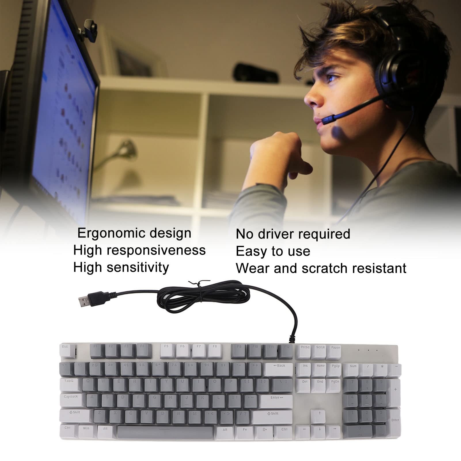 LBEC High Mechanical Gaming Keyboard Aluminum Alloy ABS 104 Keys Blue Switch RGB Durable Ergonomic Mechanical Keyboard for Office Game Room (White Gray)