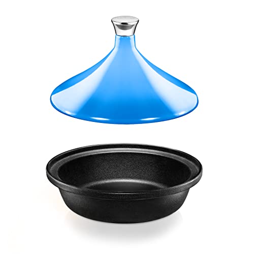 NutriChef 2.75 QT Cast Iron Moroccan Tagine - Tagine Pot with Stainless Steel Knob, Enameled Base, Cone-Shaped Enameled Lid, Oven and Dishwasher Safe, Ideal for Oven-to-Table Presentations (Blue)