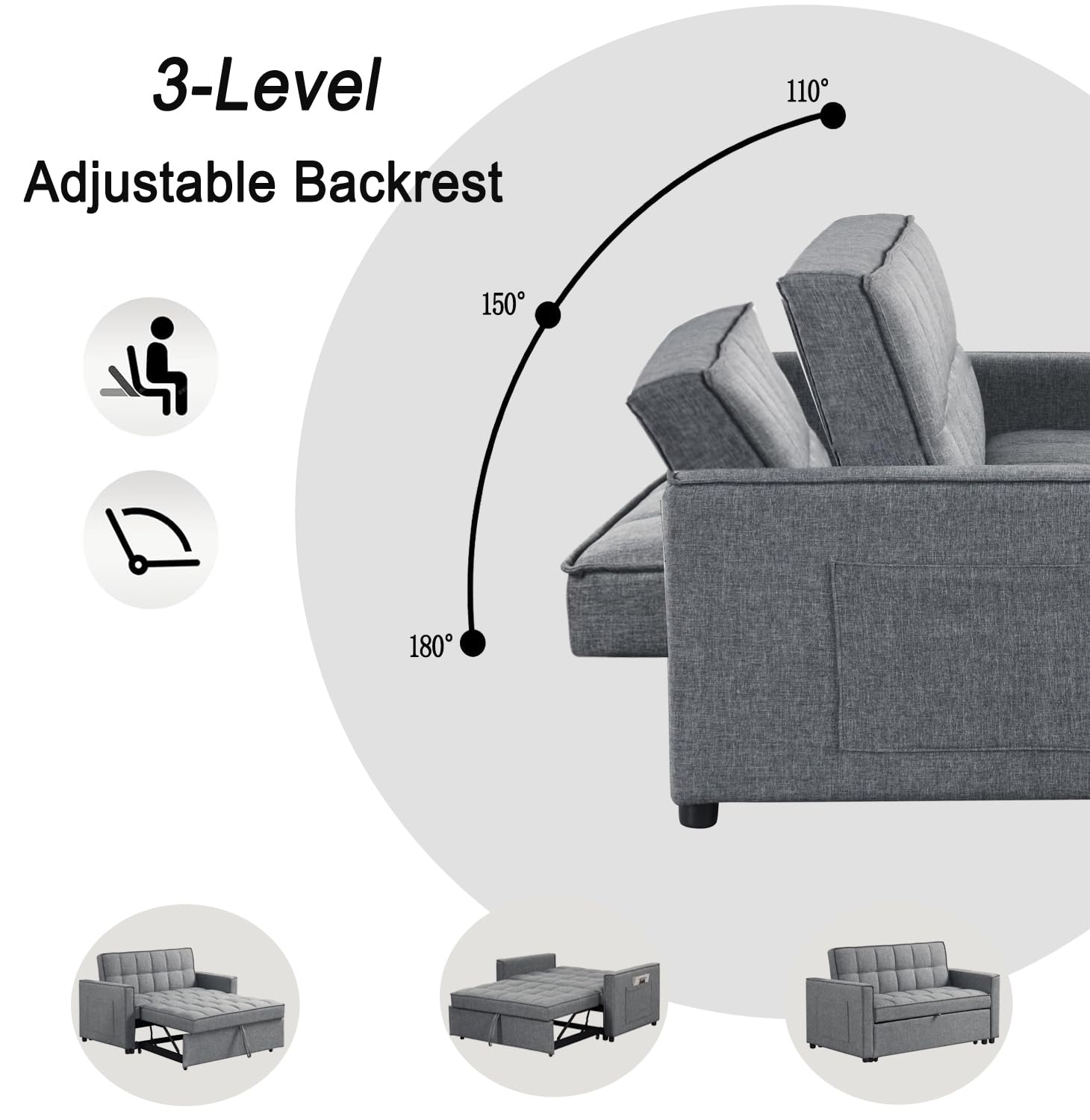 KAIRUITUCH Convertible Sleeper Sofa, 3-in-1 Pull Out Couch with Adjustable backrest, Storage Pockets, Fold Out Loveseat Futon Sofa Couches Bed for Living Room, Small Space, Apartment, Grey Fabric