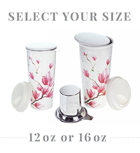 Willow & Everett 16oz Ceramic Travel Mug with Lid. Magnolia Double-Walled Tea Cup with Tea Infuser and Bonus Silicone Top. Tall Coffee and Tea Mug Tea Cups Loose Leaf Tea - Tea Mugs Tea Steeper