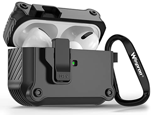Winproo Airpods Pro 2nd Generation/1st Generation Case Cover with Automatic Lock, Hard Shell Full-Body Shockproof Protective Airpods Pro Case with Keychain for Men Women (Black)