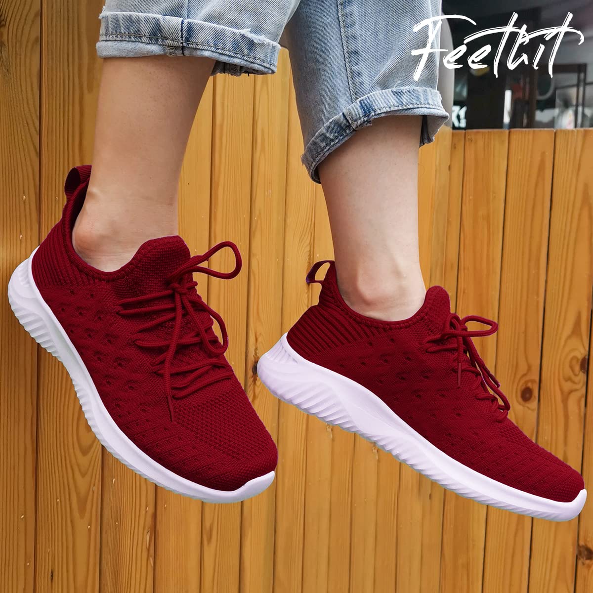 Feethit Womens Slip On Walking Shoes Non Slip Running Shoes Breathable Workout Shoes Lightweight Gym Sneakers Burgundy Size 8