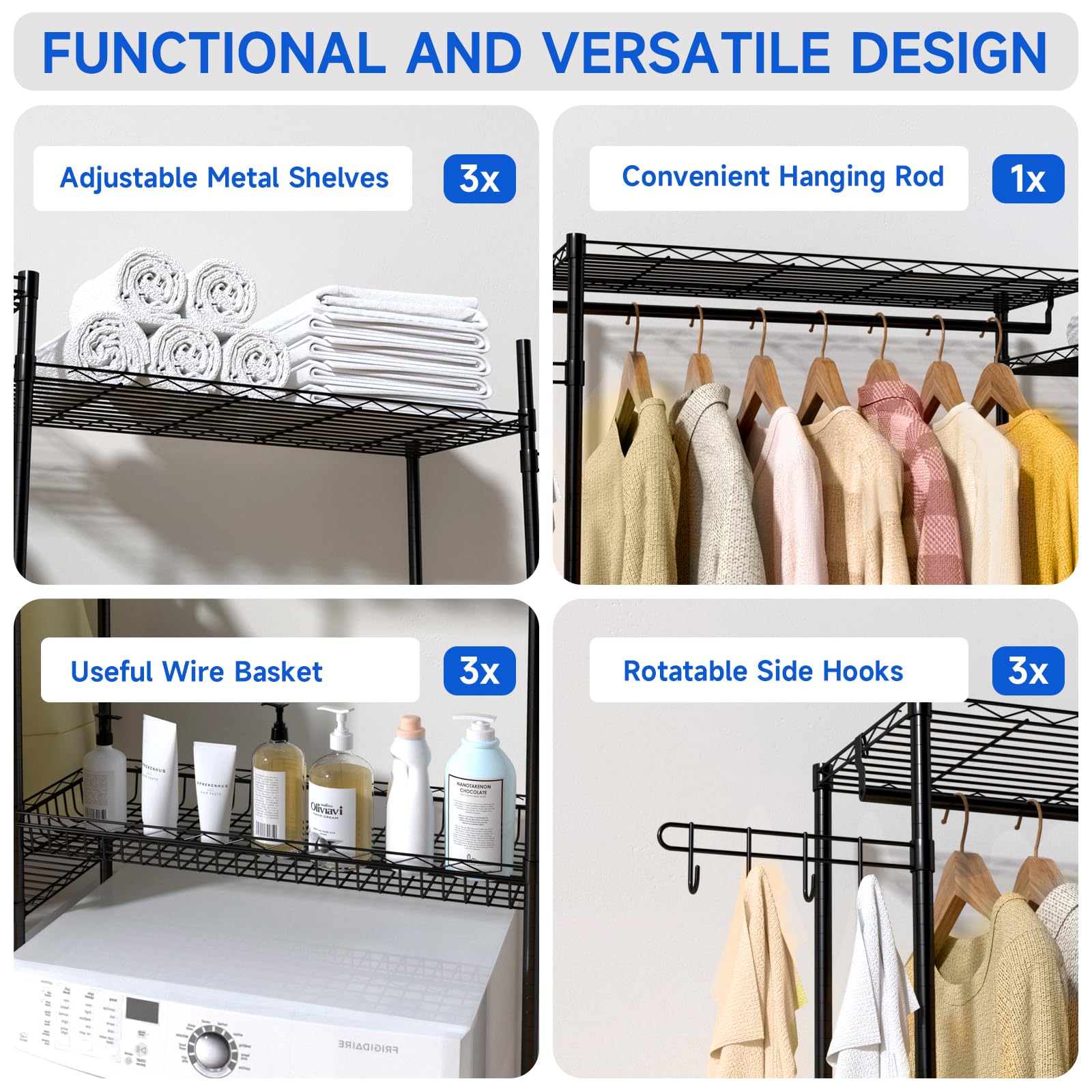 Over the Washer and Dryer Storage Shelf, Height Adjustable Laundry Room Organization Shelf, Clothes Drying Rack for Laundry Room Organization and Storage with Wire Basket, Hanging Rods and Side Hooks