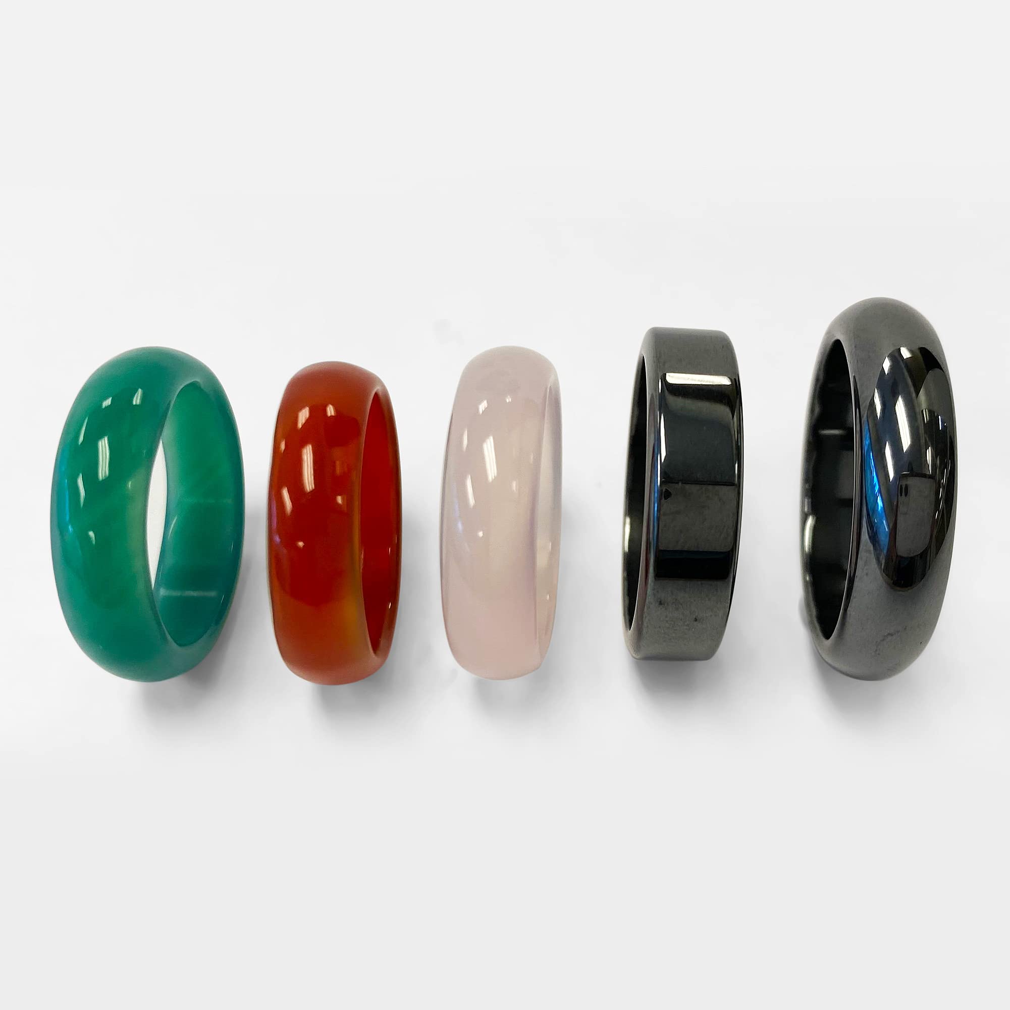 Gem Avenue Green and Light Pink Agate Hematite Carnalian Unisex Band Set Assorted Ring Sizes 6.5 to 10.5 Set of 5