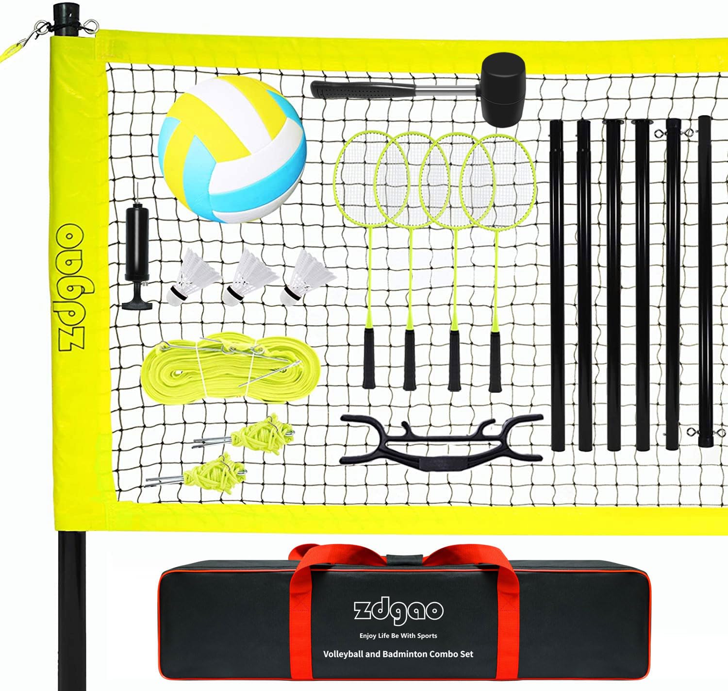 G&S Volleyball and Badminton Set for Backyard and Outdoors with Easy Set-up Volleyball Net + 4 Pro Badminton Rackets + Carrying Bag + Volleyball + Ball Pump, Complete Bundle