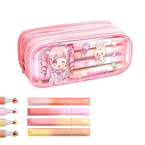 MILLEVIBE ITA Pencil Pouch Kawaii Large Capacity Pen Case : Cute Aesthetic Pencil Box Stationery Supplies for Teen Girls, 4 Included Highlighters (Pink)