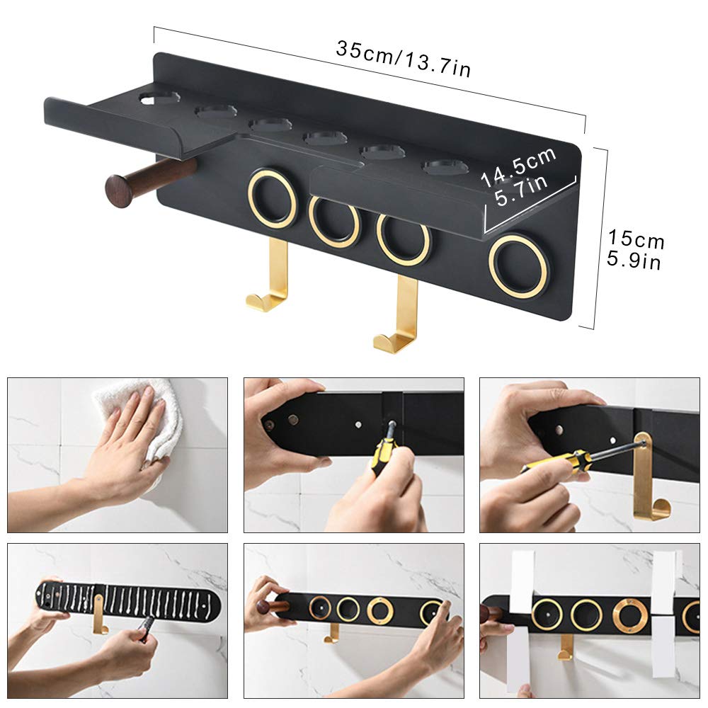 Floatant Wall Mount Holder Adhesive for Dyson Airwrap Styler Supersonic Hair Dryer, Nail-Free or Perforat to Install, Organizer Storage Rack with Hooks Steel Rings for Curling Barrels Brushes