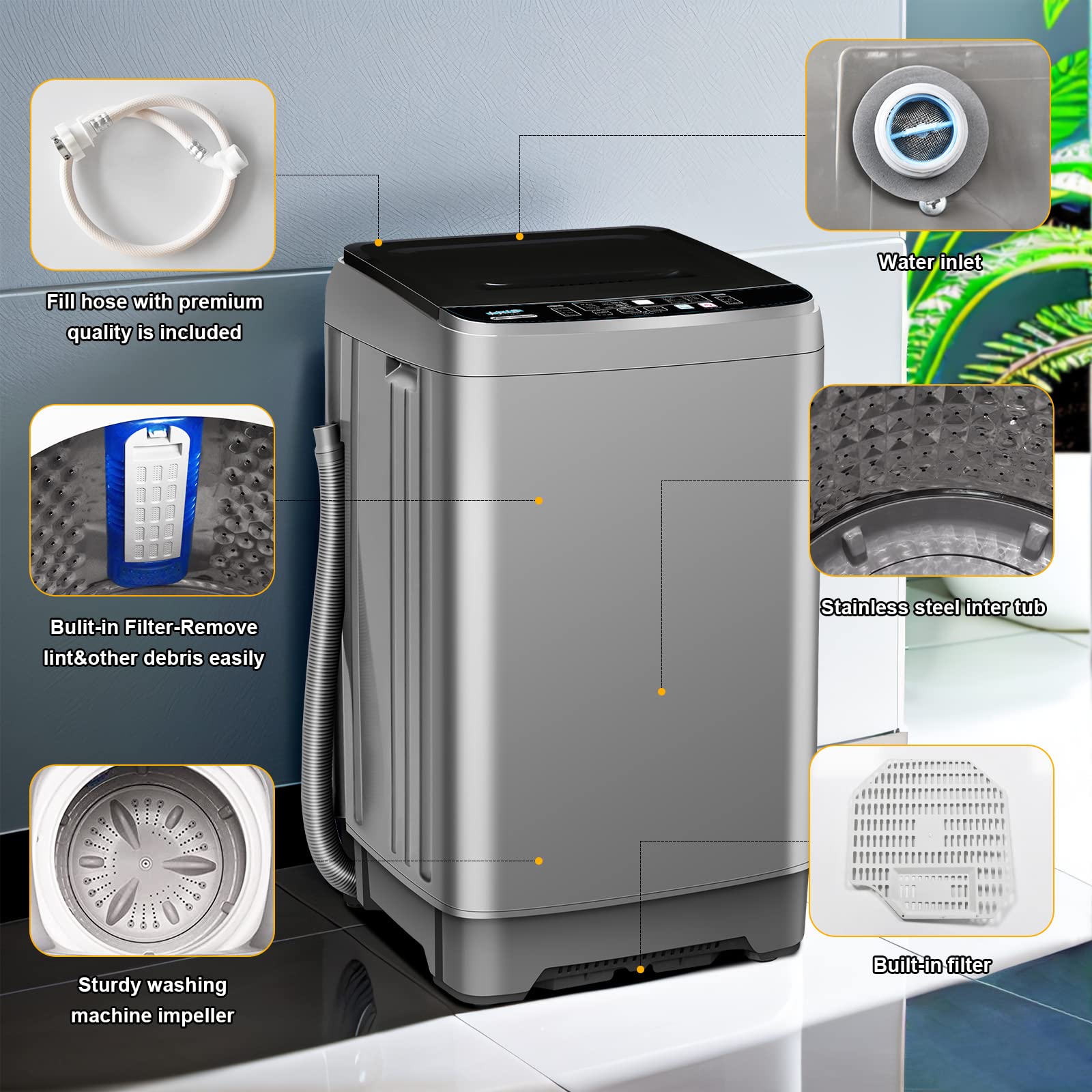 Full Automatic Washing Machine, AYCLIF 15.6 lbs Top Load Portable Washer with Drain Pump,10 Wash Programs 8 Water Levels,for Dorm Apartment RV Full-Automatic Washing,Grey