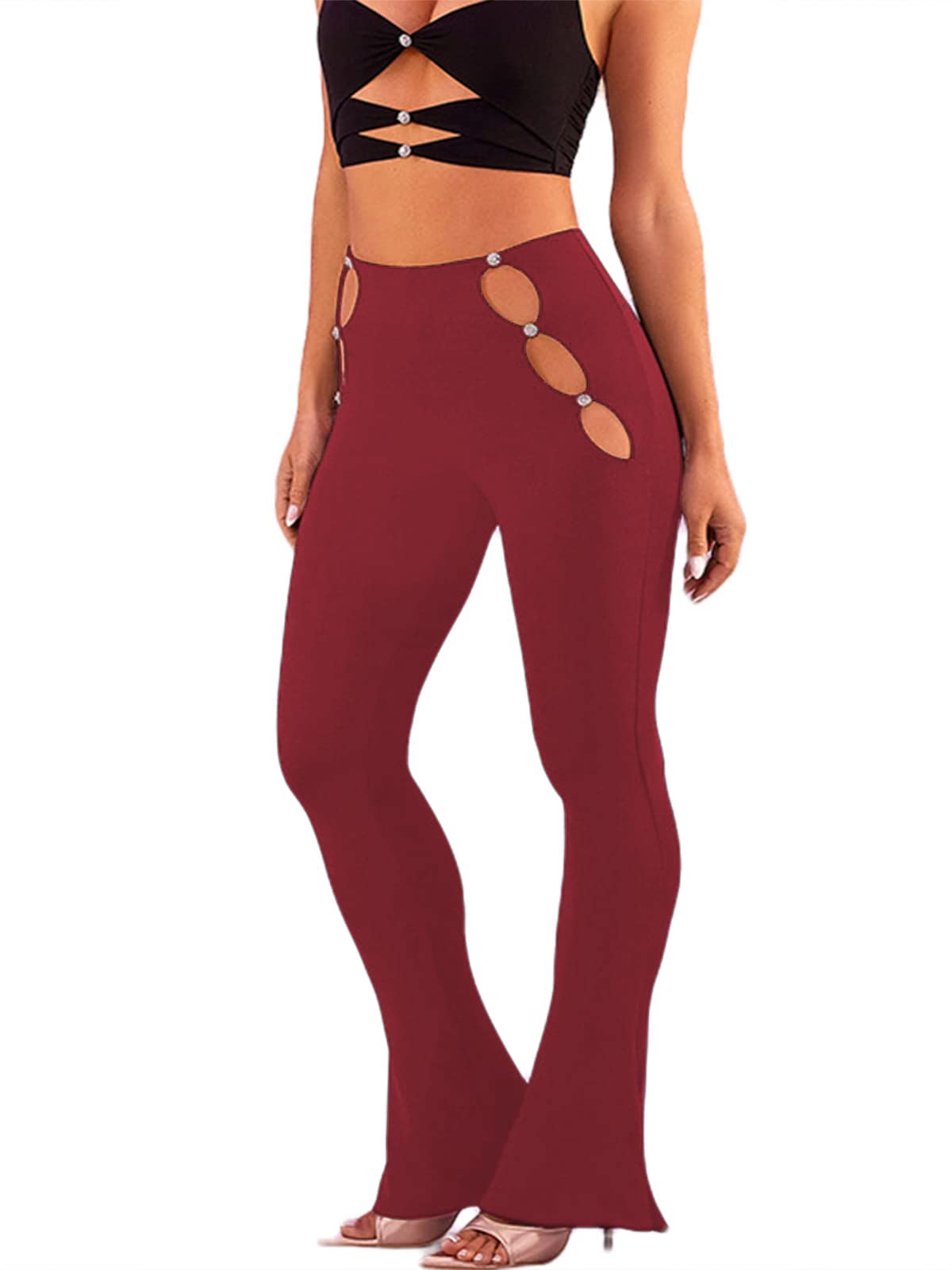 Hilinker Women's High Waisted Flare Long Pants Cut Out Bootcut Flare Yoga Pants Wine Red Small