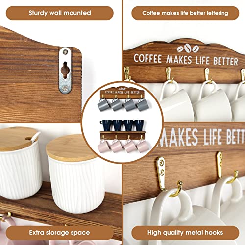 JACKCUBE Design Coffee Mug Rack, Wall Mounted Wooden 12 Coffee Cup Holder Organizer with Coffee Sign for Home Kitchen Cafe Decor - MK737A