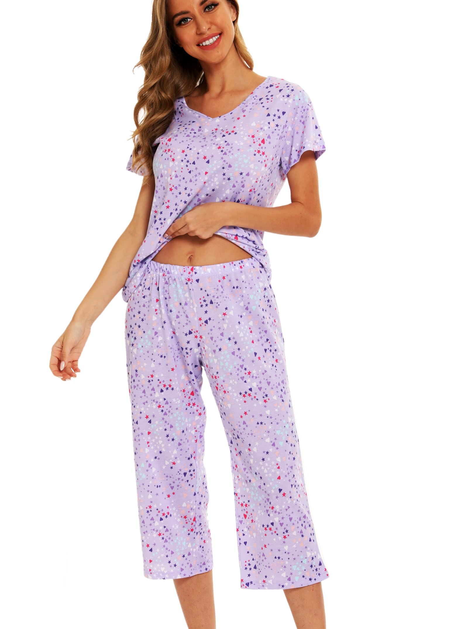 ENJOYNIGHT Women's Pajama Sets Cotton Sleepwear Tops with Capri Pants Summer Pjs (PU, X-Large)