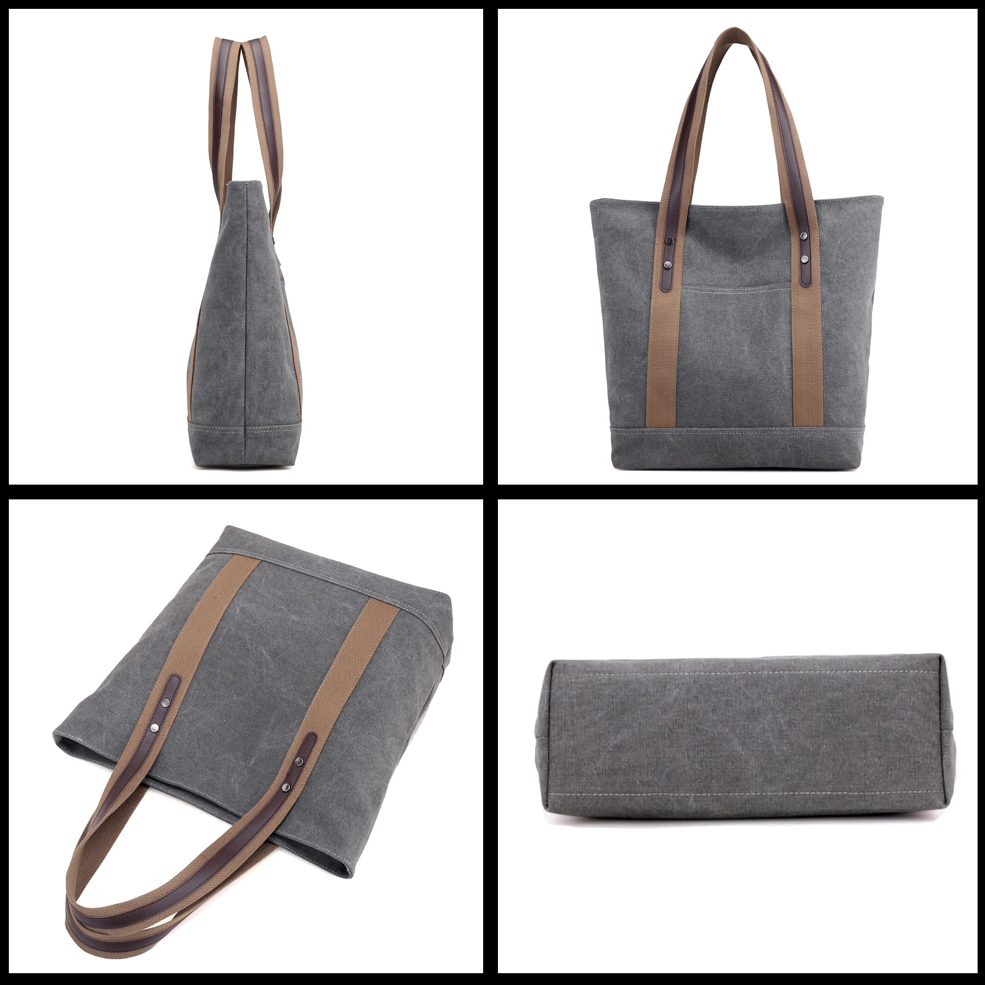 Eamom large vintage bags for women canvas tote bag with zipper shoulder purses and handbags (Grey)