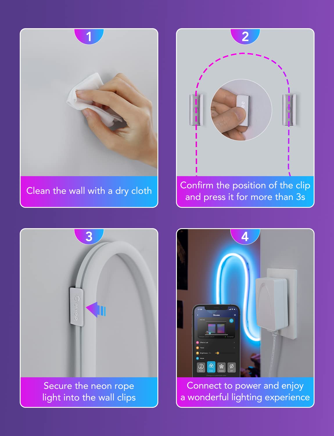 Govee RGBIC Neon Rope Light Mounting Brackets H1000, RGBIC Rope Light Clips, WiFi Neon Lights Holders 20pcs for Neon Rope Light Models H61A0, H61A2, H61A5, H61A8(Not Support H61D3 & H61D5)