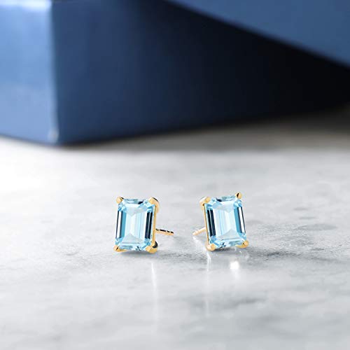 Gem Stone King 14K Yellow Gold Sky Blue Aquamarine Stud Earrings For Women (1.60 Cttw, Gemstone March Birthstone, Emerald Cut 7X5MM)
