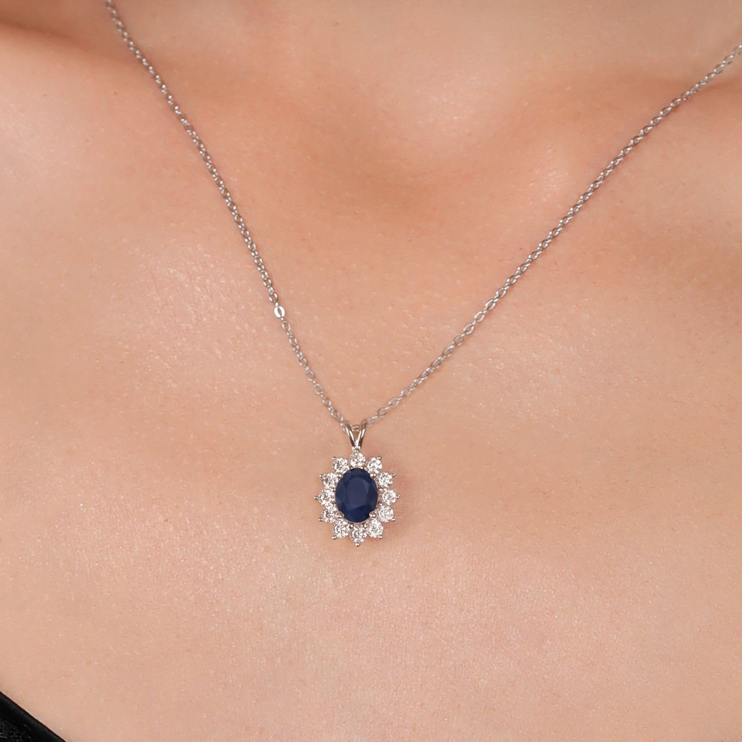 Gem Stone King 925 Sterling Silver Oval Gemstone Birthstone Necklace | Oval 8X6MM | Halo Pendant Necklaces for Women | with 18 Inch Silver Chain