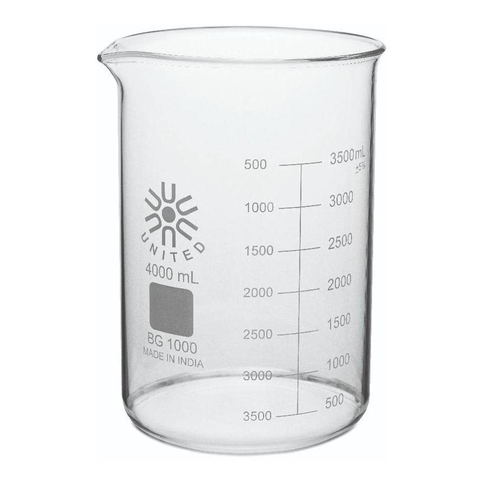 United Scientific⢠BG1000-4000 Borosilicate Laboratory Grade Glass Beakers | Griffin Style Low Form Beaker | Graduated with Spout | Designed for Laboratories & Chemistry Classrooms | 4,000mL Capacity
