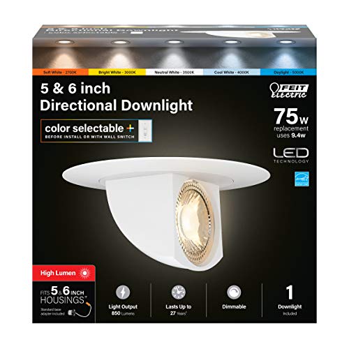 Feit Electric 5-6 inch Adjustable Scoop Recessed LED Downlight, Selectable Colors, Dimmable, 75W Equivalent, 45 Year Life, 540 Lumen, High CRI, LEDR56SCP/6WYCA