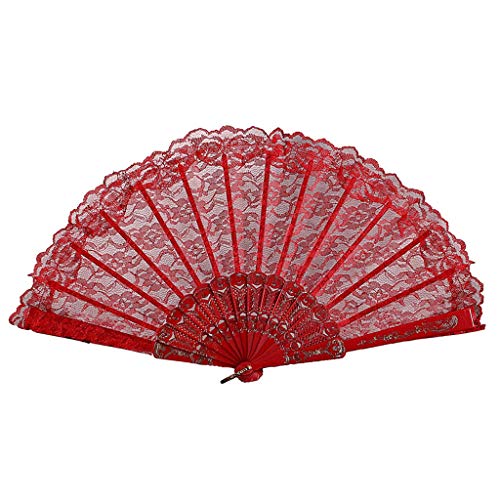 Hand Chinese Wedding Flower Lace Party Dance Style Folding Silk Held Fan Fans Fan for Bedroom Cooling Tall (Red-0, One Size)