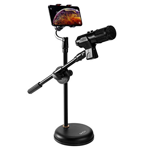 EXJOY Desk Microphone Stand with Smartphone Holder, Adjustable mic stand with Non-Slip mic holder clamp, Heavy Round Base