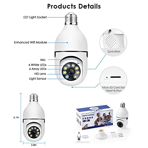 EVERSECU 1080P 2.0MP Wireless Light Bulb PTZ Security Camera with E27 Connector, Motion Auto Tracking, Two Way Audio, Night Vision, Tuya Smart Life App WiFi IP PTZ CCTV Camera