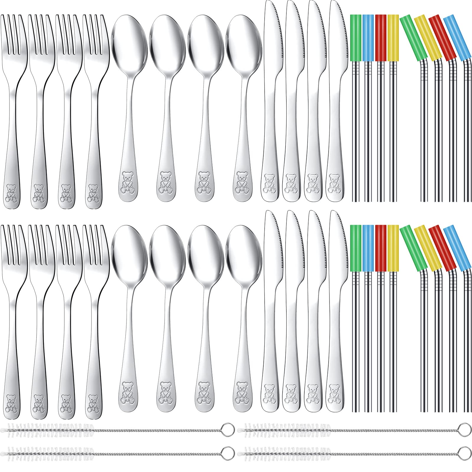 Mimorou 40 Pieces Toddler Utensils Kids Silverware Set Stainless Steel Forks Spoons Knife and Metal Straws with Silicone Tips Brush Bulk for Self Feeding