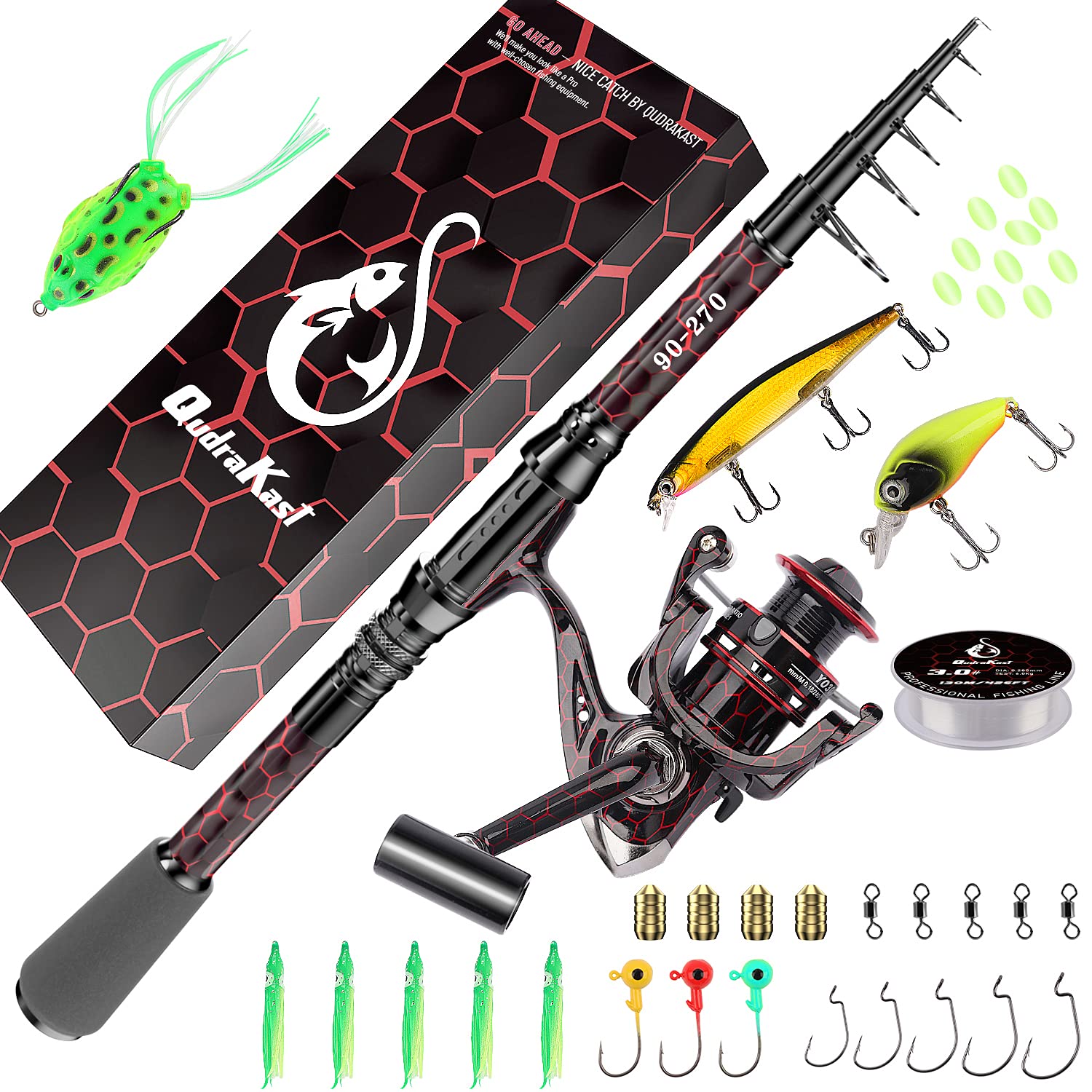 Fishing Rod and Reel Combos, Unique Design with X-Warping Painting, Carbon Fiber Telescopic Fishing Rod with Reel Combo Kit with Tackle Box, Best Gift for Fishing Beginner and Angler (270 Bule)