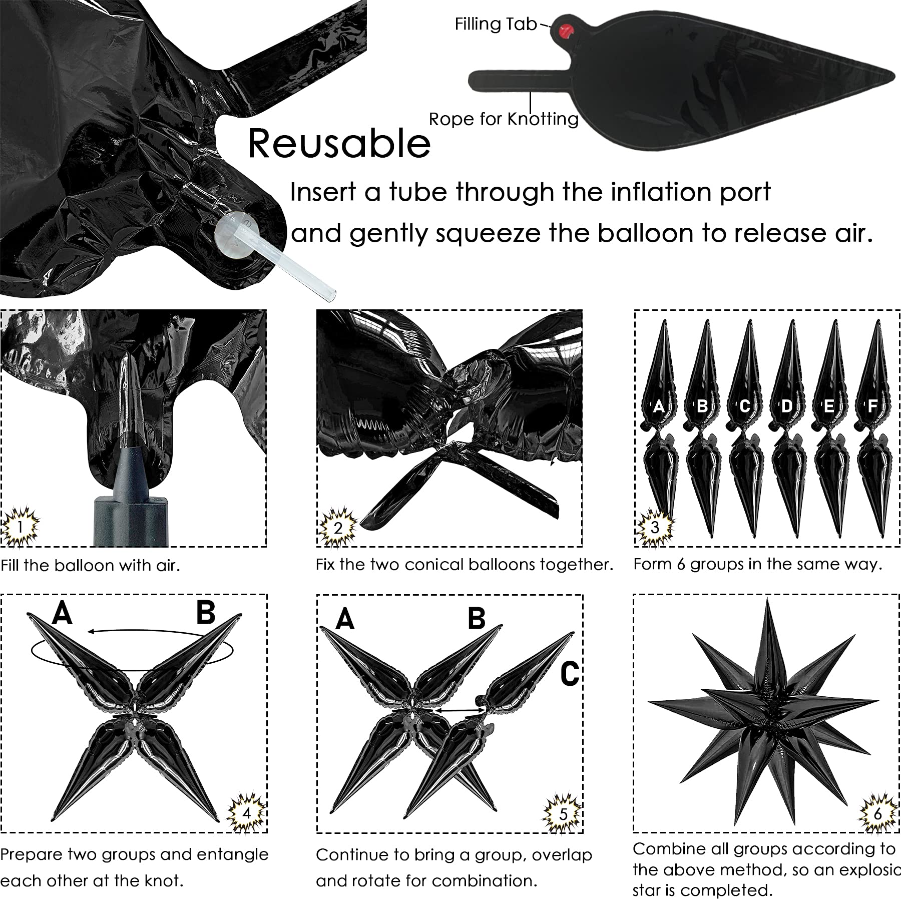 ZAKVOOR 60 Pcs Star Balloons 12 Spike Foil Explosion Party Decoration Balloons for Halloween Graduation Birthday (Black)