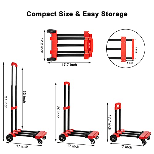KEDSUM Folding Hand Truck, 290 lbs, 4 Wheels Solid Construction Heavy Duty Utility Cart, Portable Fold Up Dolly, Compact and Lightweight for Luggage, Personal, Travel, Moving and Office Use(Red)