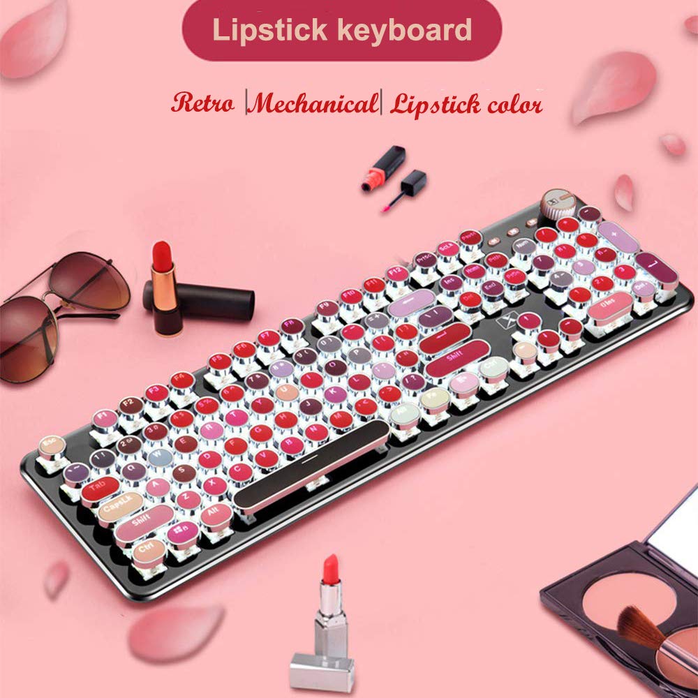 FELICON Lipstick Mechanical Gaming Keyboard, Typewriter Style Retro Keyboard with White LED Backlit,104-Key Anti-Ghosting Blue Switch Wired USB Metal Panel Round Keycaps for Desktop, Laptop