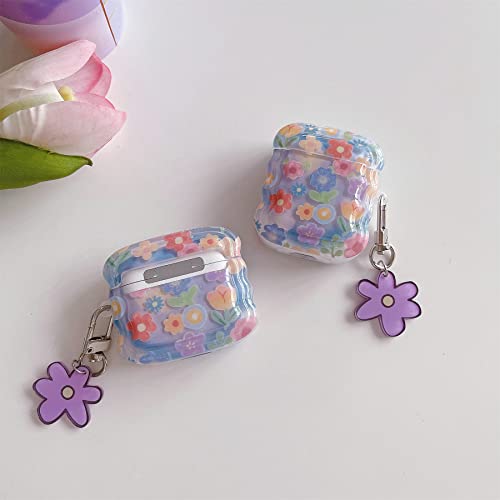 Purple Flower Pattern Cool Shockproof Case for AirPods 3rd Generation 2021 Shock-Absorbing Protective Cover with Pendant Case for Women Girls Men Boy for AirPods 3