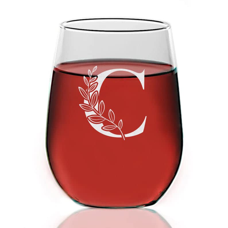 Floral Monogram ' C ' Wine Glass - Letter A-Z Engraved - Stemless Wine Glass - Gifts For Dad - Mother's Day - Gift For Mom - Gifts For Coworkers