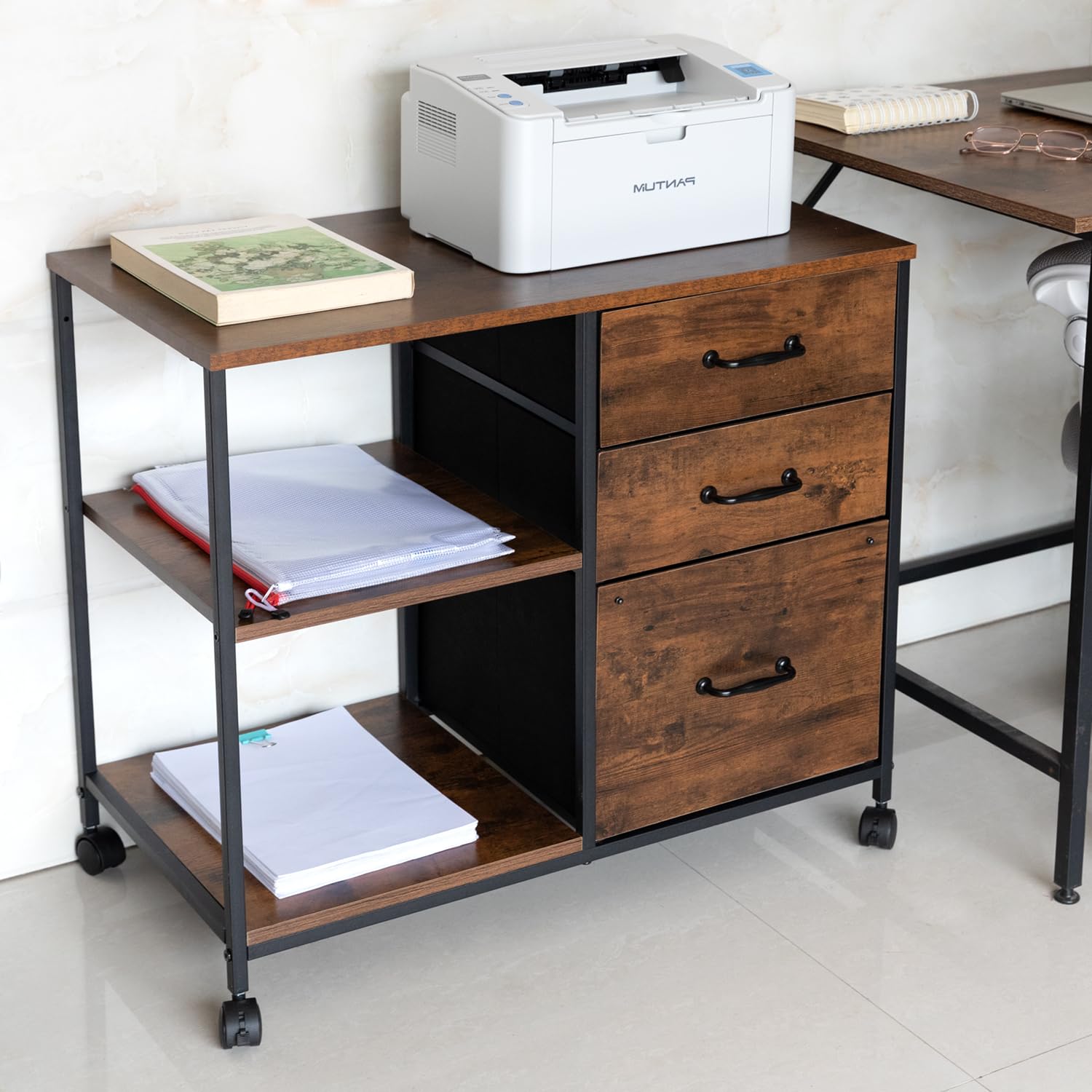 Finnhomy 3-drawer Mobile File Cabinet for Home Office, Fabric Lateral Filing Cabinet with Wooden Board, Printer Stand with Open Storage Shelves fits A4 or Letter Size