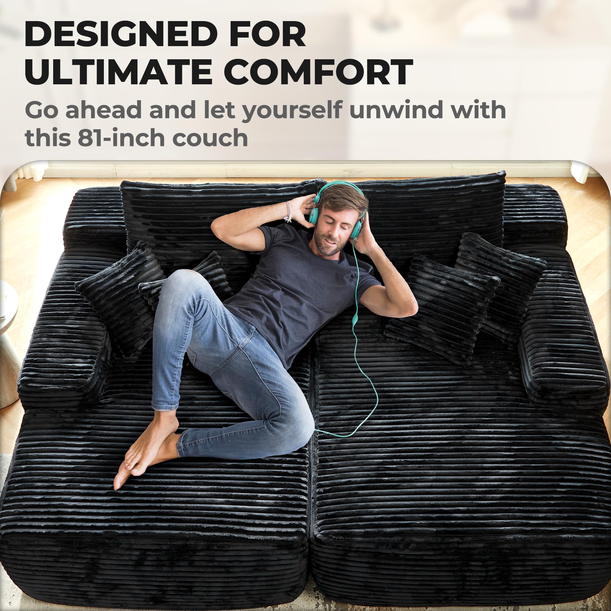 Oversized Chaise Lounge Sofa Indoor - 80" Cloud Sectional Couch Sofa Bed,Luxury Deep Seat Plush Corduroy Lounge Chair Sleeper Sofa for Living Room Bedroom (Black,2PCS)