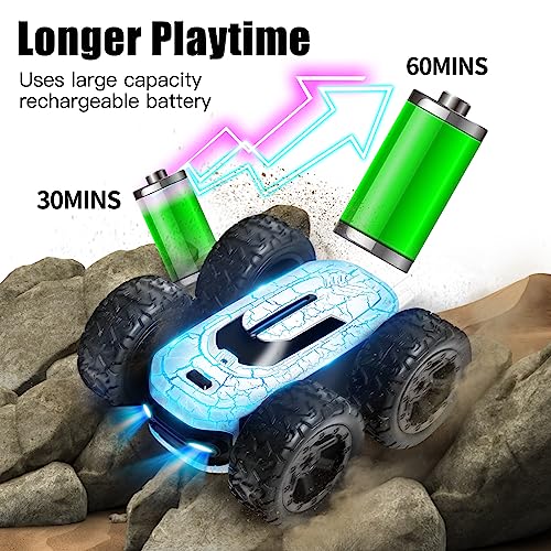 TRIPLEFINE Remote Control Car for Kids 8-12, 360°Rotating with 2 Batteries, Double-Sided RC Car Stunt Car Toy, 2.4Ghz Remote Control with LED Lights and Headlights