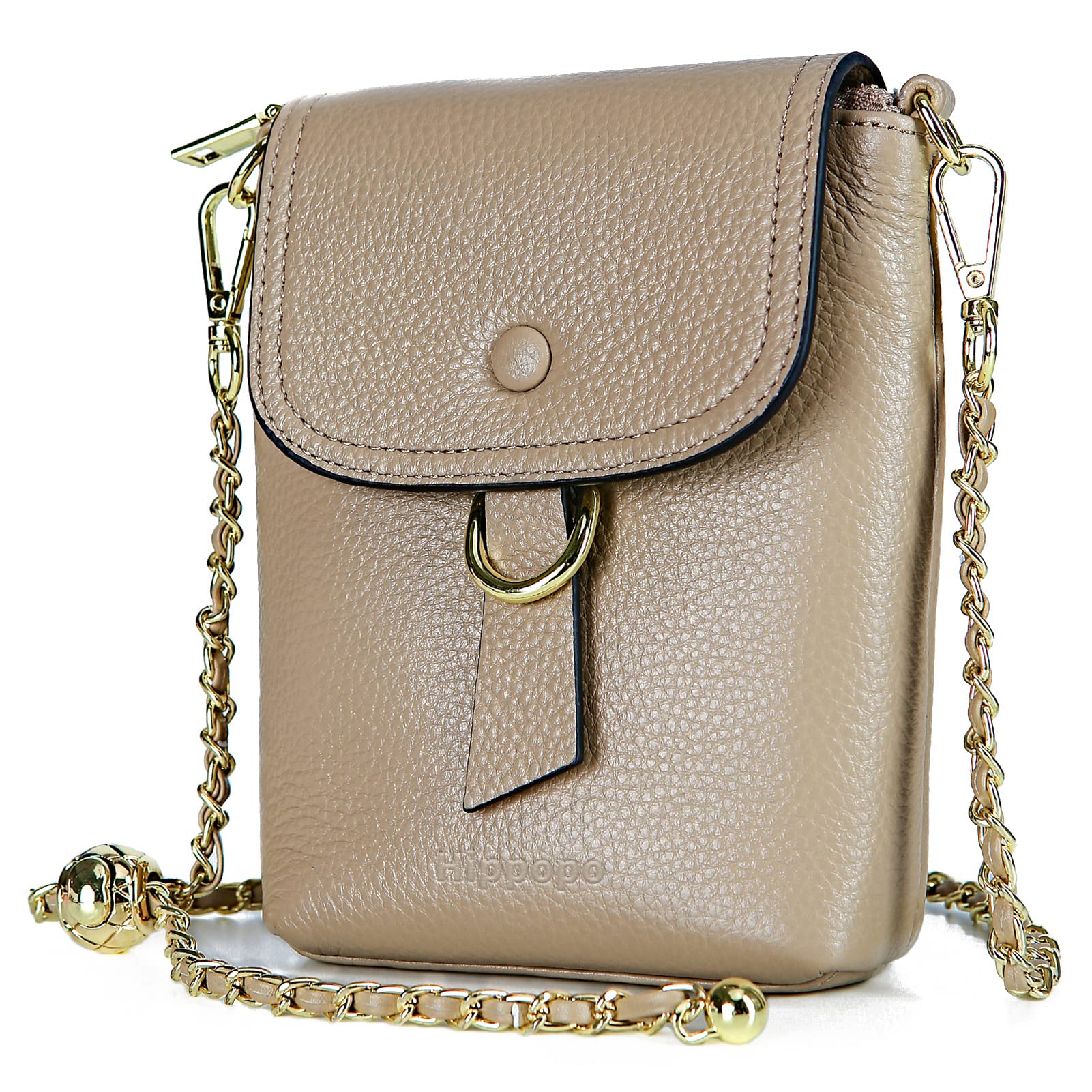 Hippopo Small Crossbody Phone Bag For Women Designer Fashion Soft Pebbled Real Leather Shoulder bag (Khaki)