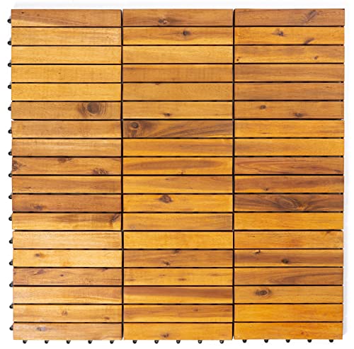 YAMAZING 12βx12β Solid Wood Interlocking Flooring Tiles (Pack of 9), Acacia Hardwood Deck Tiles, Floor Tile for Both Indoor & Outdoor Use, Patio Garden, Waterproof All Weather, 6 Slat (9 Sq Ft)