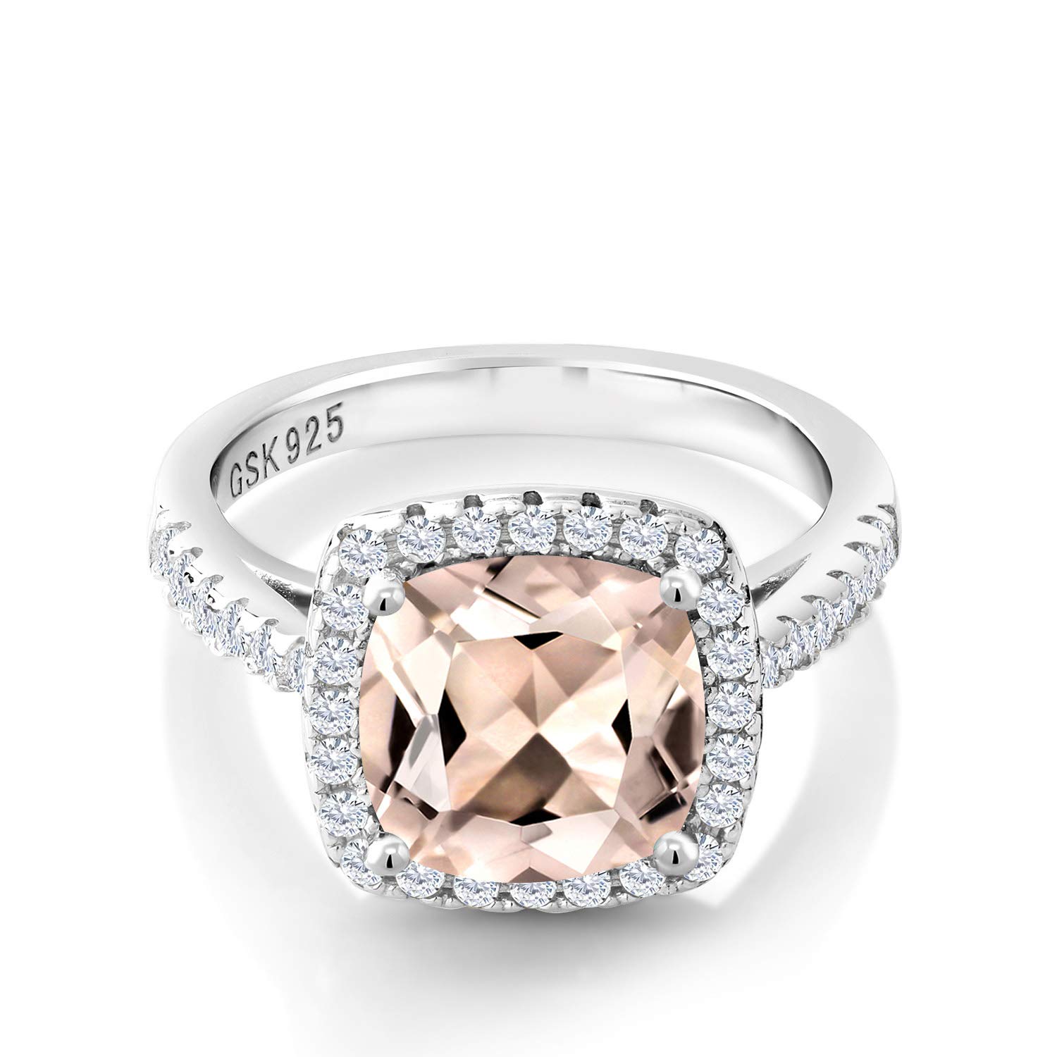 Gem Stone King 925 Sterling Silver Peach Morganite and White Created Sapphire Women Engagement Ring (2.38 Cttw Cushion 8MM, Available In Size 5, 6, 7, 8, 9)