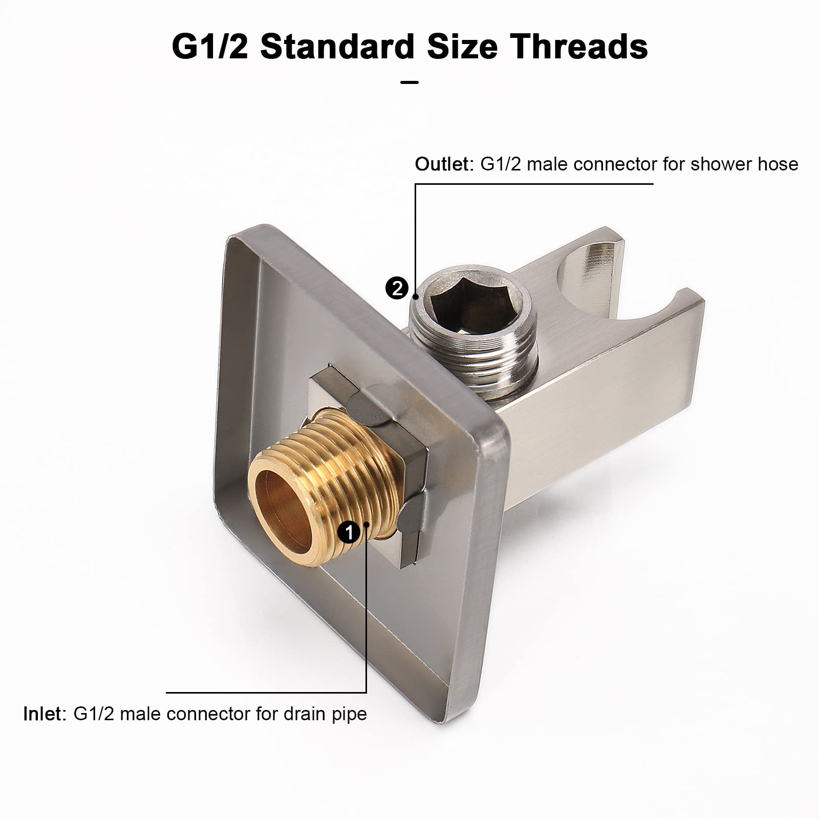 NearMoon Wall Supply Elbow with Handheld Shower Holder - Solid Brass Square Shower Bracket with Flange G1/2 Shower Hose Connector, Wall Mounted Drop Union Male Water Outlet (Brushed Nickel)