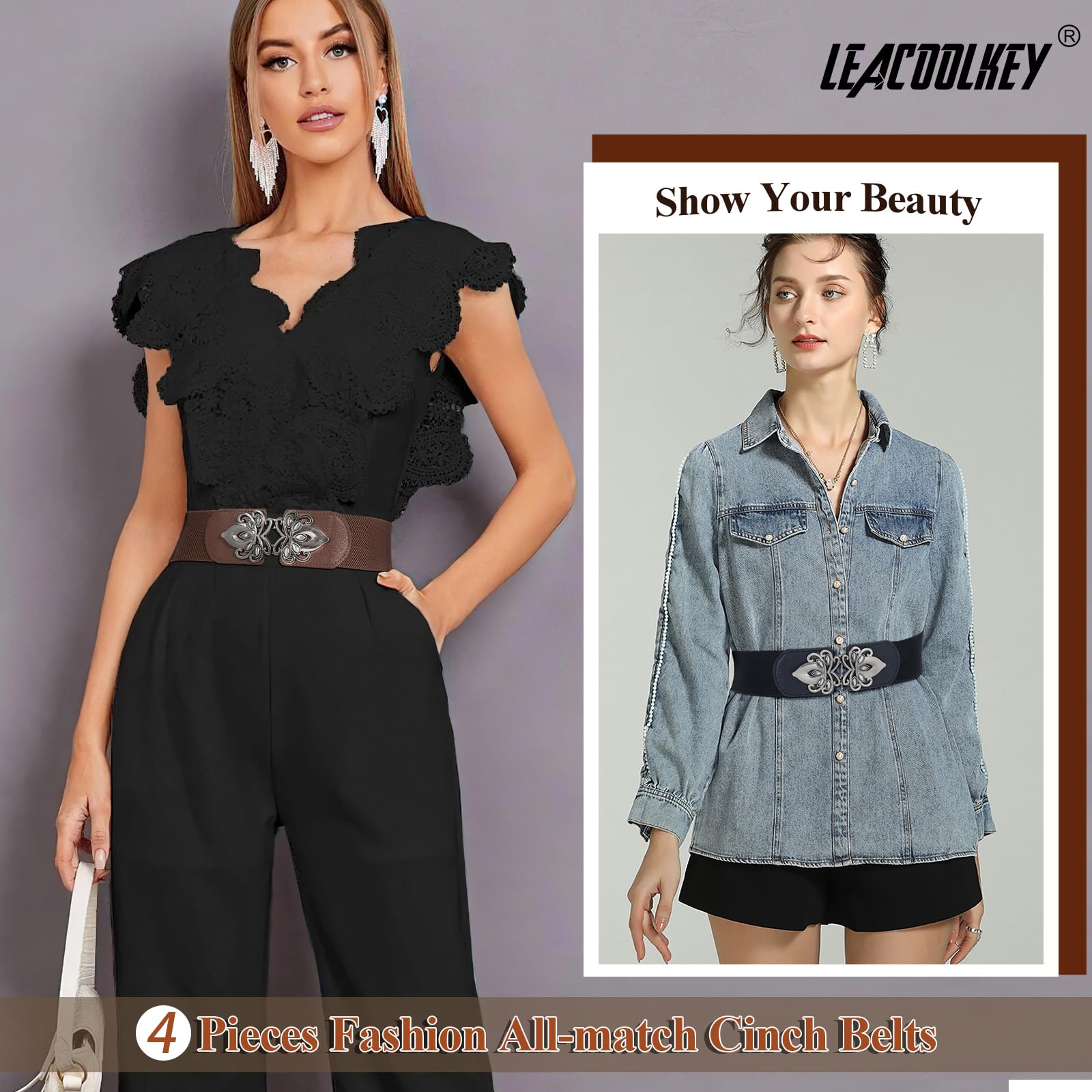 LEACOOLKEY 4 Pack Women Wide Elastic Waist Belt for Dress Vintage Stretch Cinch Belt Retro Buckle
