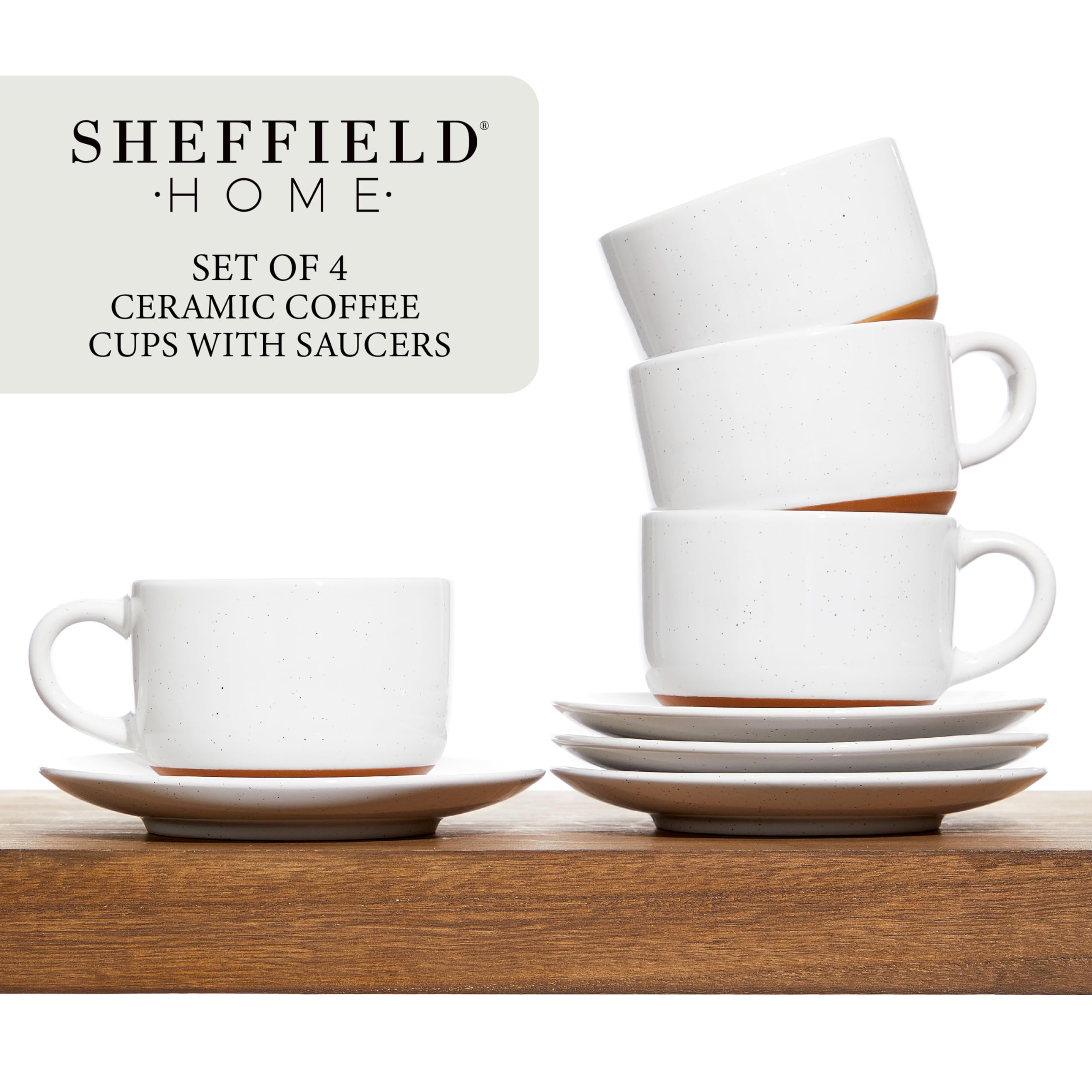 Sheffield Home Elegant Coffee Mug Set - Set of 4 Stoneware 8oz Cups with Saucers – Dishwasher and Microwave Safe Ceramic - Ideal for Cappuccino, Espresso, Latte, or Tea - Assorted Neutrals