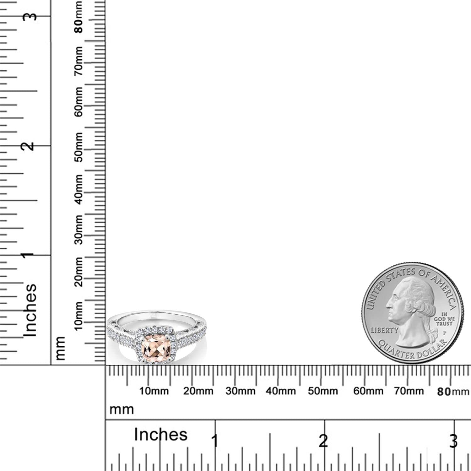 Gem Stone King 925 Sterling Silver Peach Morganite and White Created Sapphire Women Ring (1.40 Cttw, Cushion 6MM, Available in size 5, 6, 7, 8, 9)