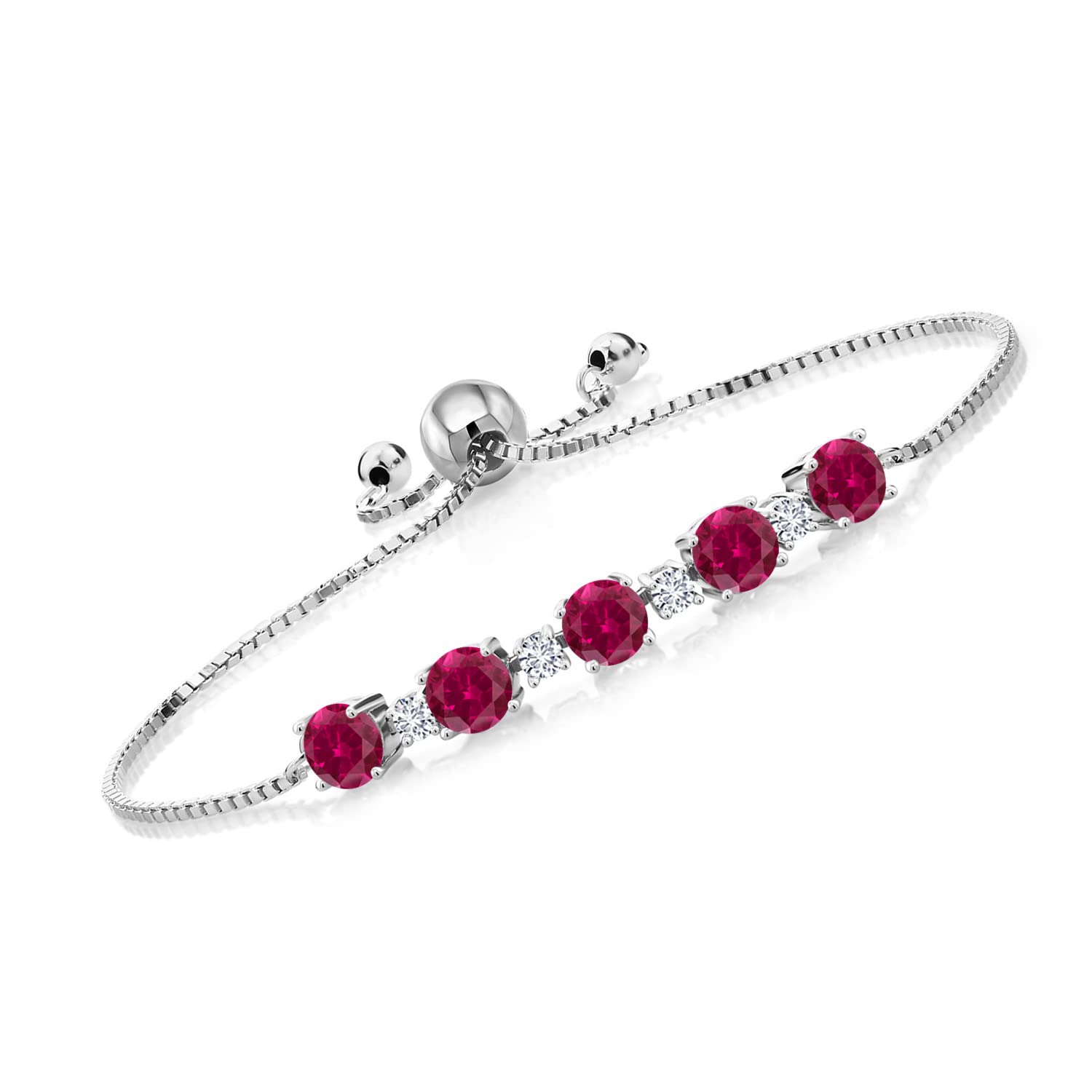 Gem Stone King 925 Sterling Silver Red Created Ruby and White Lab Grown Diamond Tennis Bracelet For Women (5.26 Cttw, Fully Adjustable Up to 9 Inch)