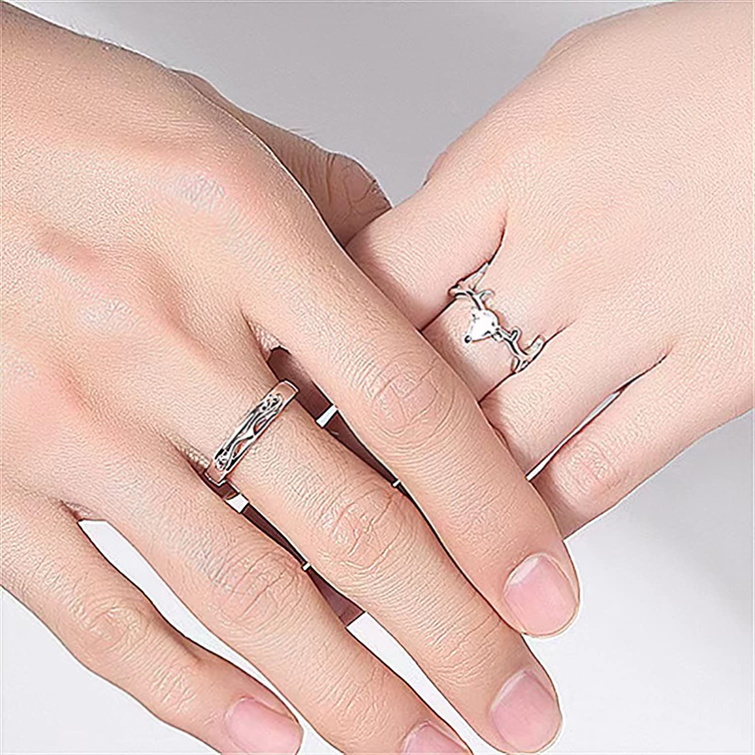 His Hers Couples Matching Rings Set Cute Silver Deer Antler Ring Dainty Cubic Zirconia Adjustable Matching Deer Antler Wedding Rings Endless Love Promise Ring Christmas Valentine's Day Gift for