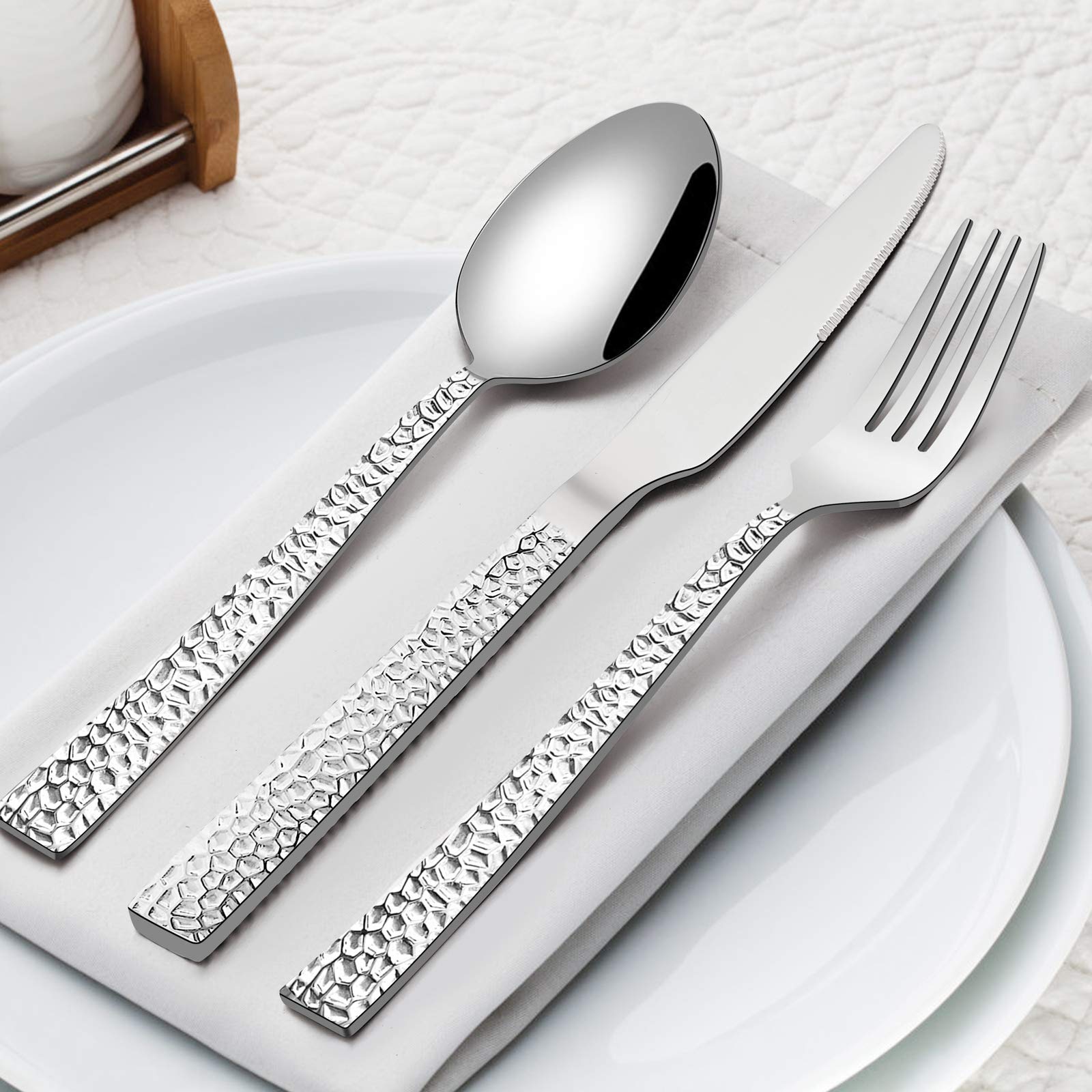 Hammered Silverware Set, HaWare 60-Piece Stainless Steel Flatware Set for 12, Modern Eating Utensils Tableware Cutlery Set for Kitchen Hotel Restaurant Party, Mirror Polished - Dishwasher Safe