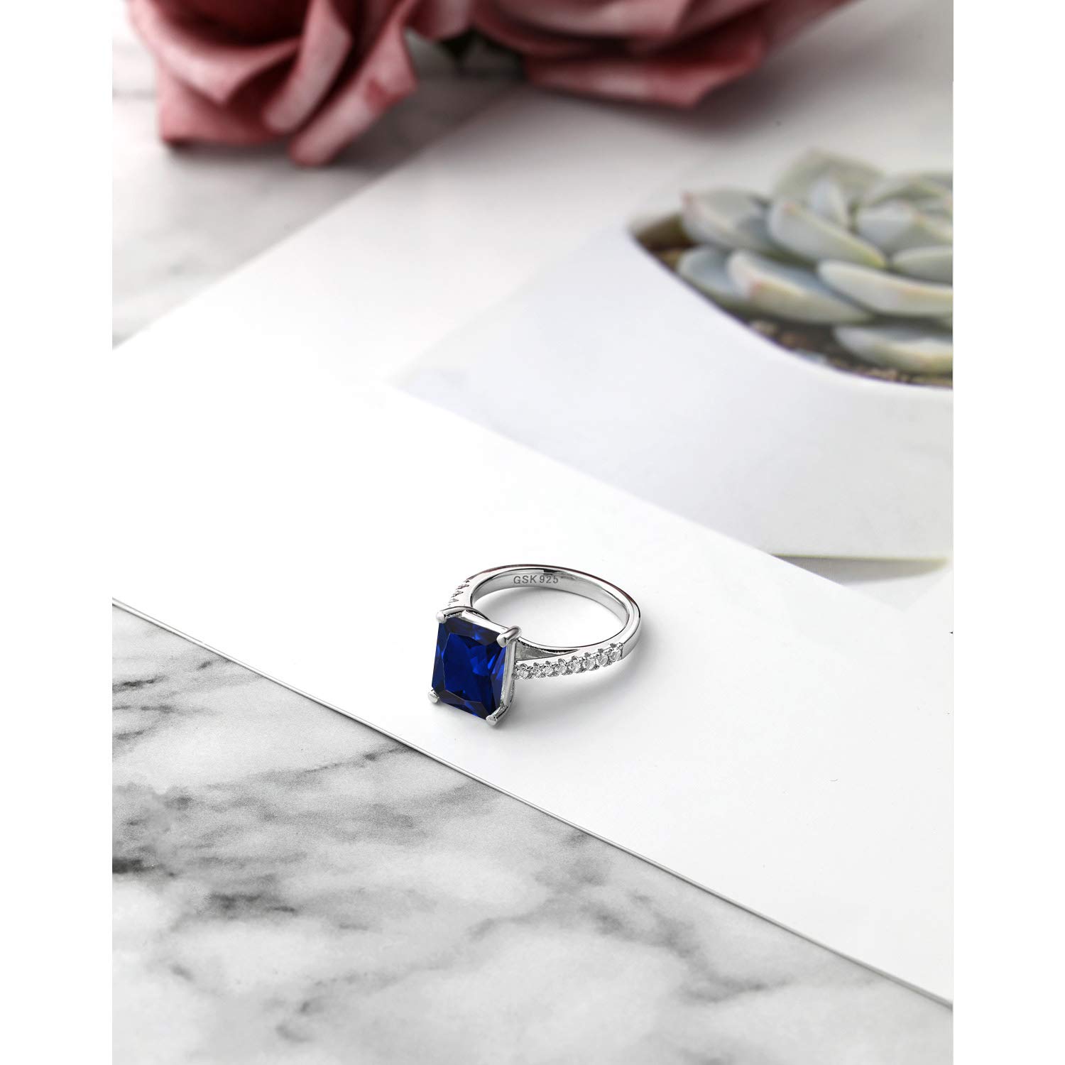 Gem Stone King 925 Sterling Silver Blue and White Created Sapphire Engagement Ring For Women (4.26 Cttw, Available in size 5, 6, 7, 8, 9)
