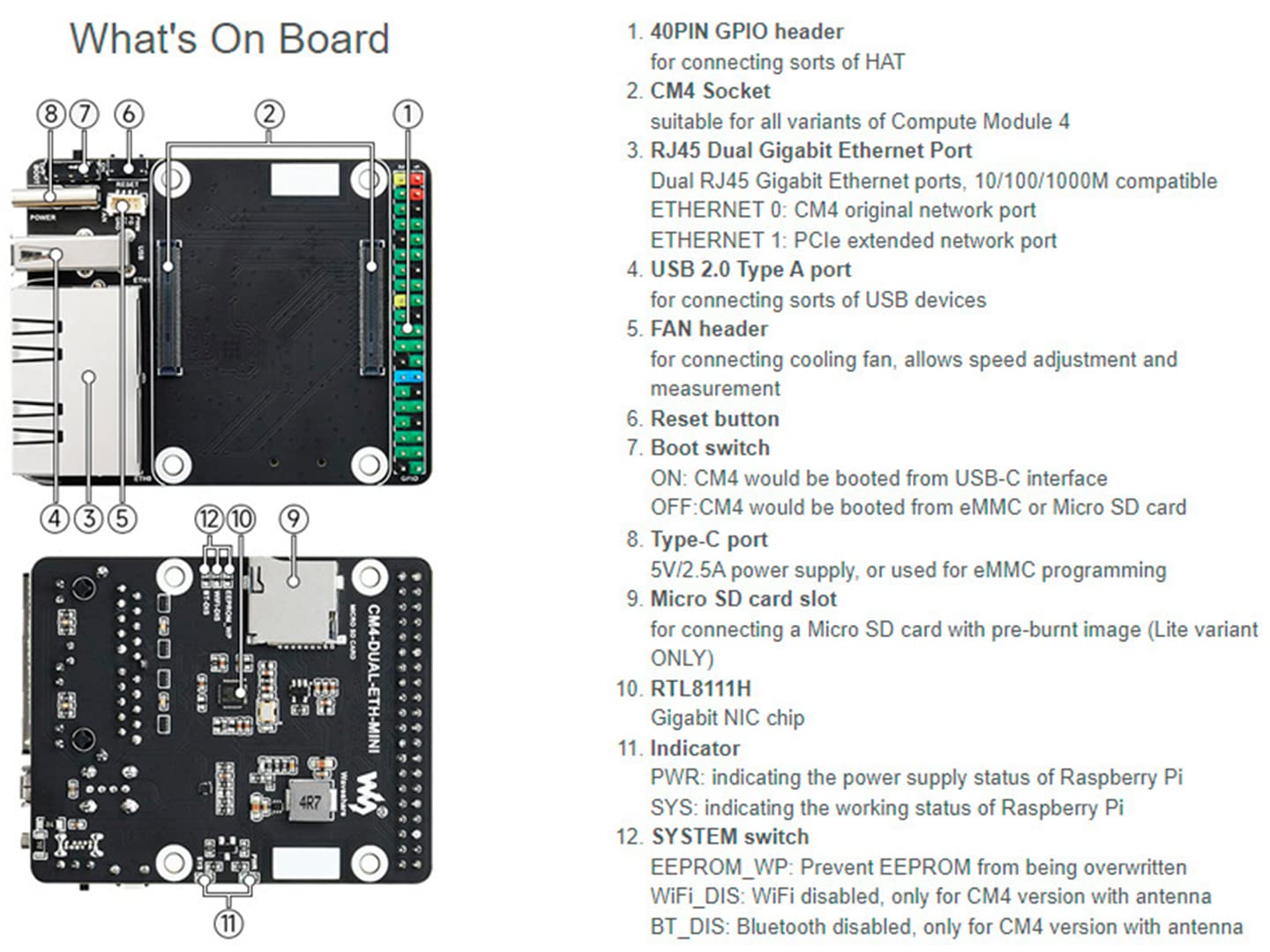 Mini Dual Gigabit Ethernet Base Board for Raspberry Pi Compute Module 4 Lite/eMMC Series,Onboard Dual Gigabit Ethernet RJ45,USB 2.0 Port Connector,40PIN GPIO Header